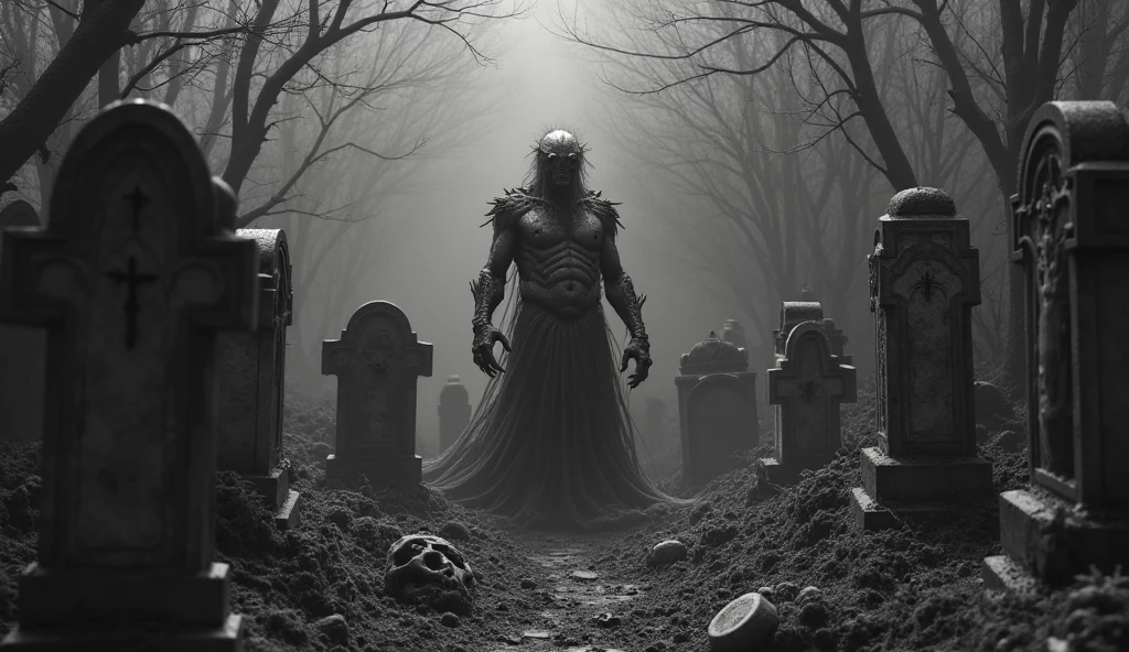The desolate scene of a ancient cemetery in the middle of the night ...