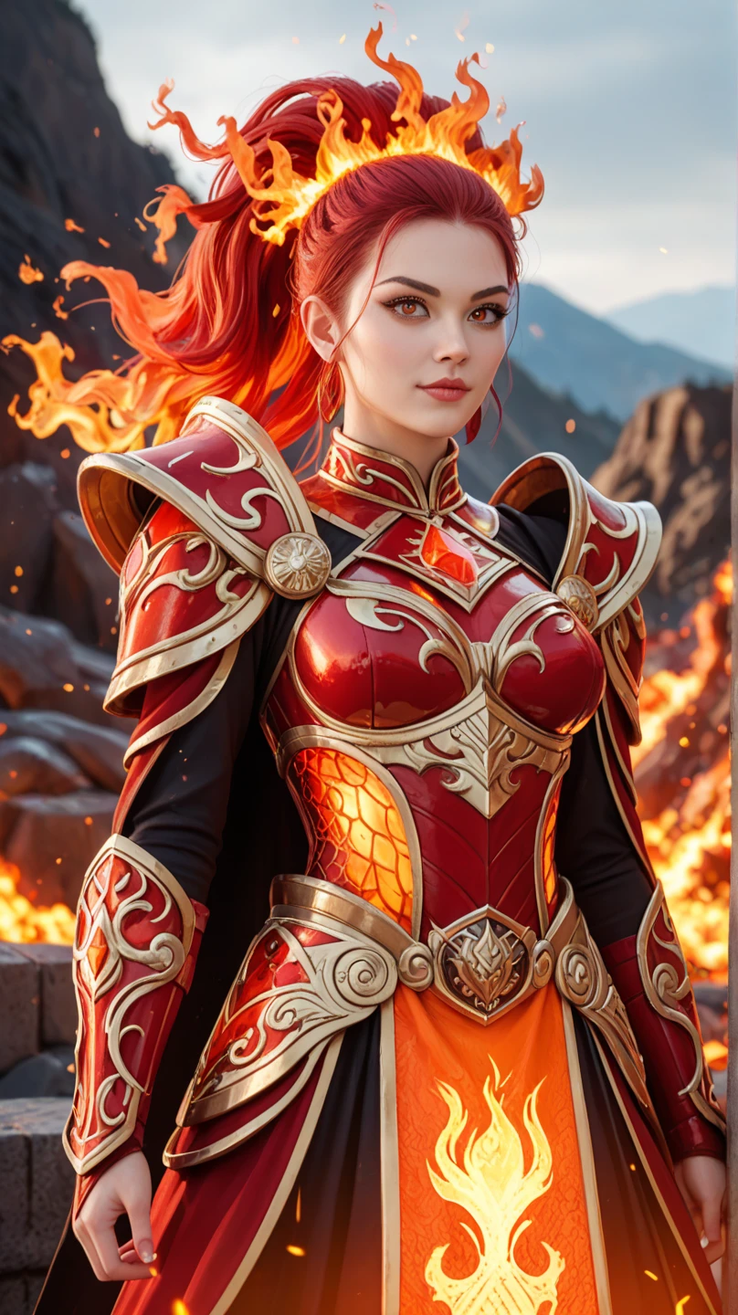 A fierce and powerful Aries woman with flowing crimson hair resembling flames - SeaArt AI