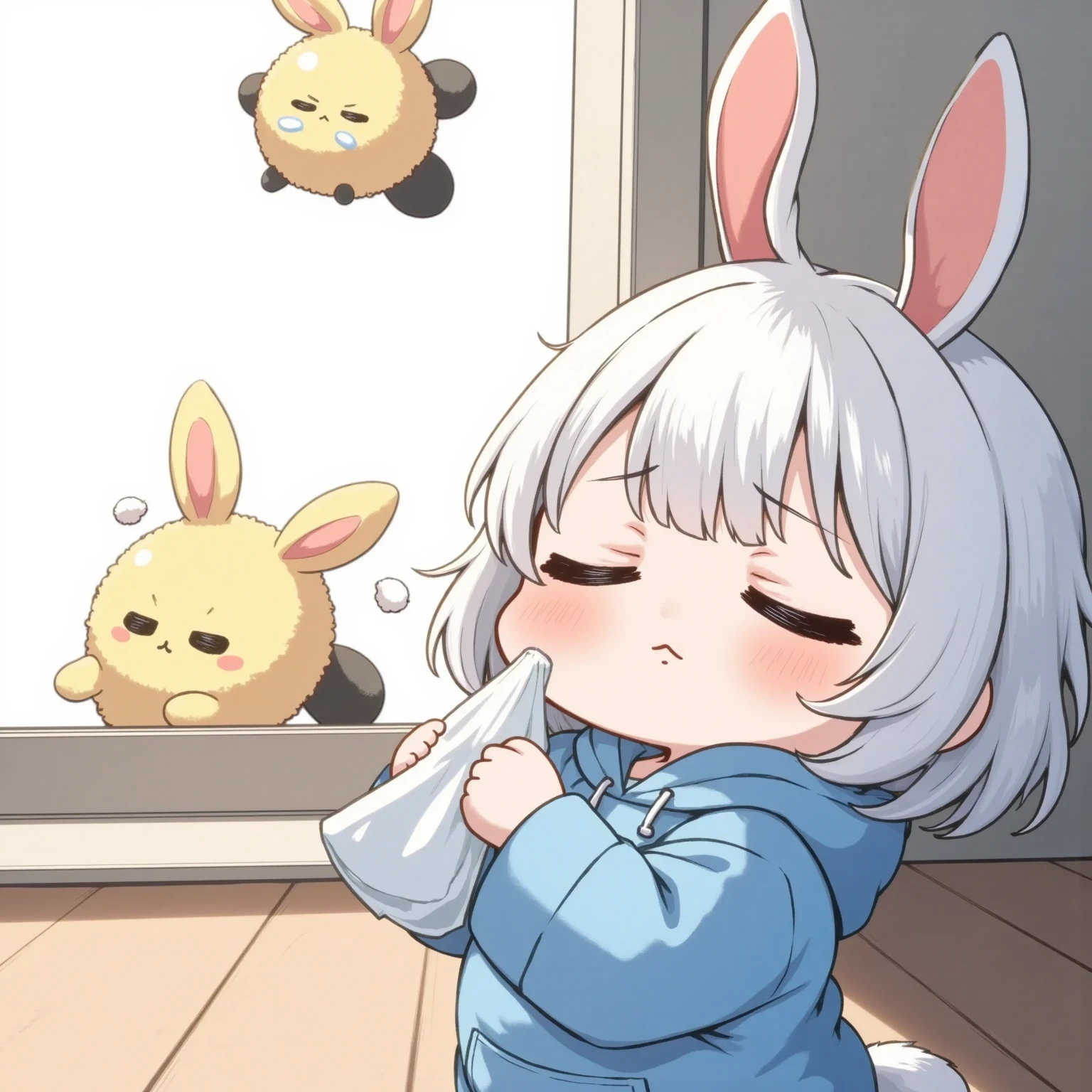 A sleepy little character wearing a knee-length blue wide-fit hoodie ...