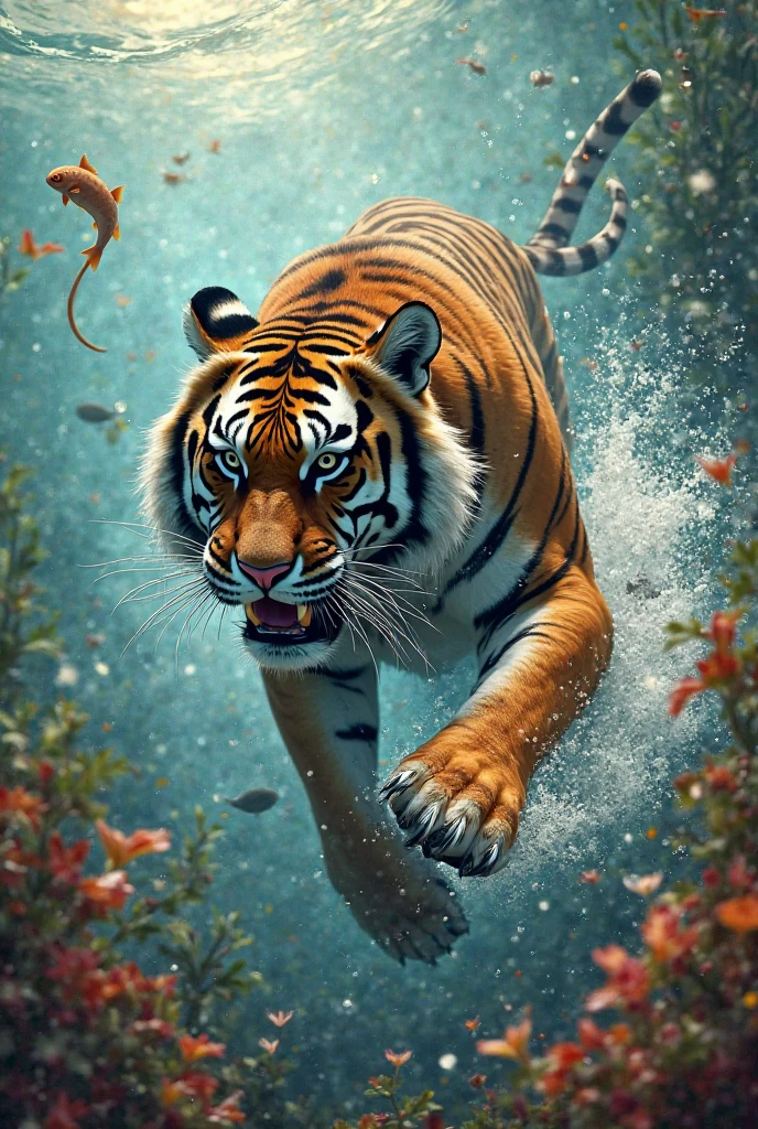 A tiger chasing a pabda - SeaArt AI