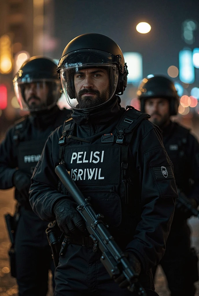 Some Israeli men, the typical black Israeli riot police helmet - SeaArt AI