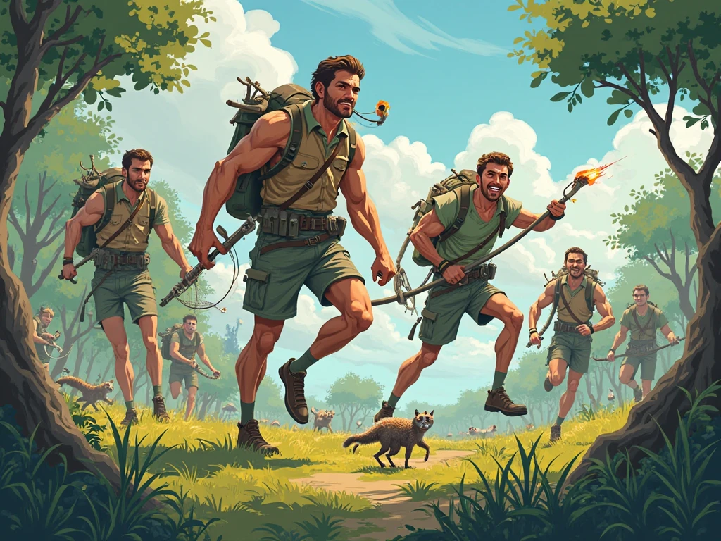 Create a realstic cartoon illustration, The Hunters are Human and they ...