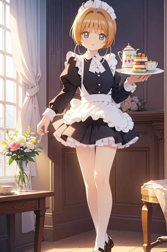 A beautiful girl in a maid uniform carrying a plate of food, in the ...
