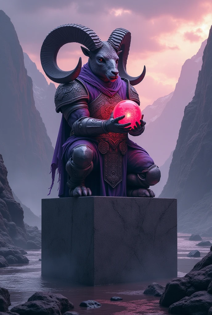 A strong ram with a purple and silver armor and a crown helmet - SeaArt AI