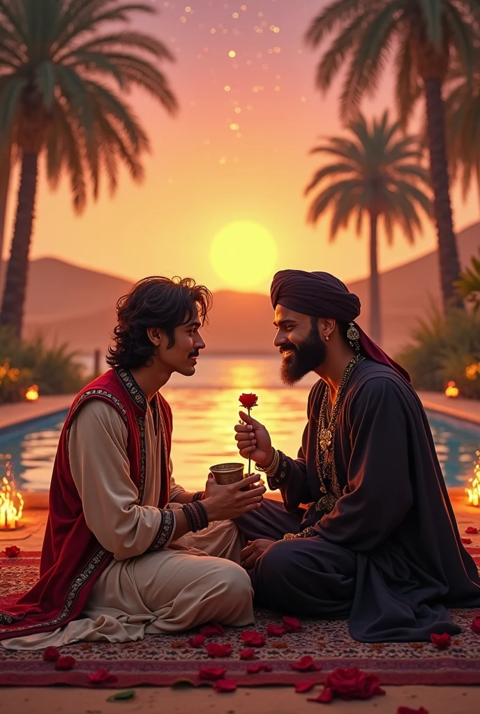 A romantic sunset scene in a hidden oasis in the desert, with palm ...