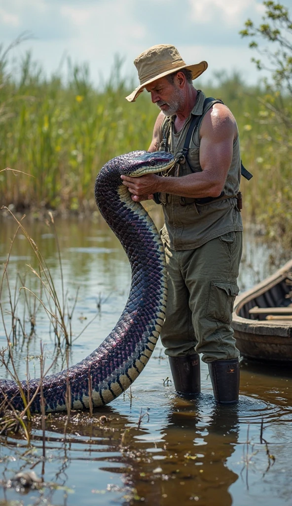 A fisherman in a sun-bleached hat and knee-high boots stands waist ...