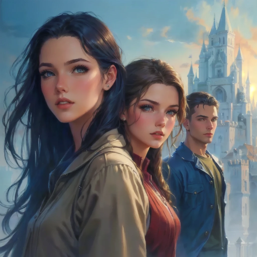 A painting of a group of people standing in front of a castle - SeaArt AI