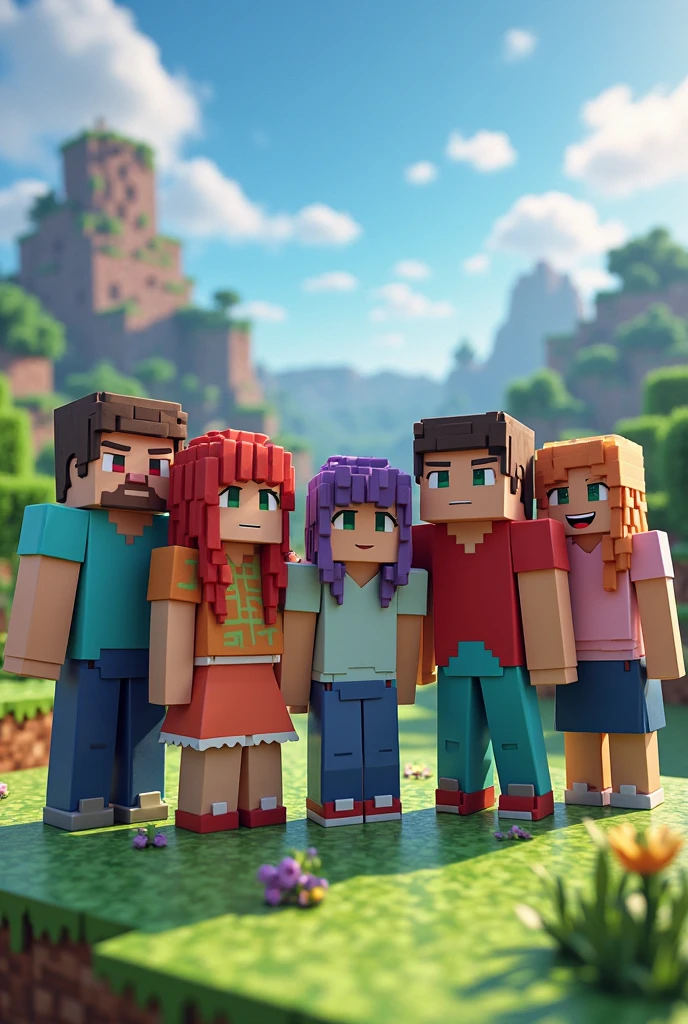 Create a Minecraft image with 5 characters 2 men and 3 women And that ...