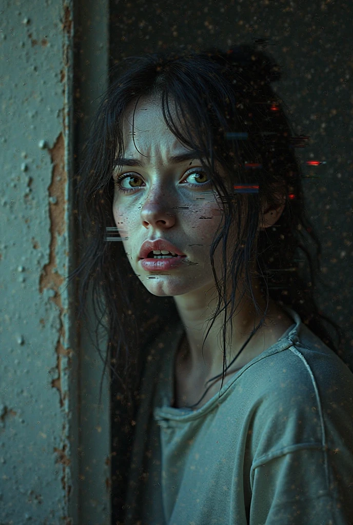 Sad scared worried girl looking closely over her shoulder with a ...