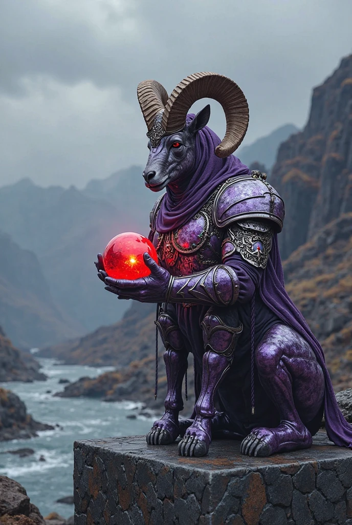 A strong ram with a purple and silver armor and a crown helmet - SeaArt AI