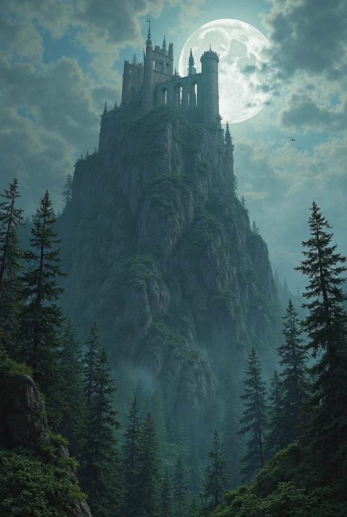 Landscape of a ruined fortress at the top of a mountain in a forest ...