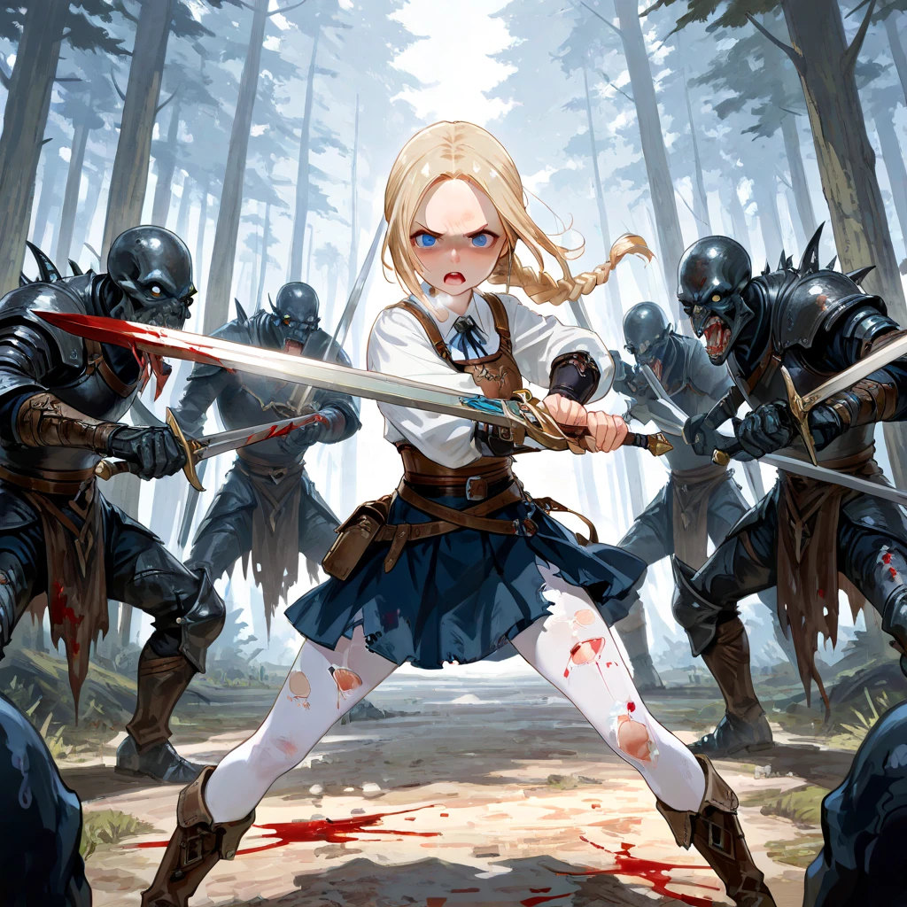 1girl, blonde hair, braided ponytail, forehead, long hair, blue eye ...