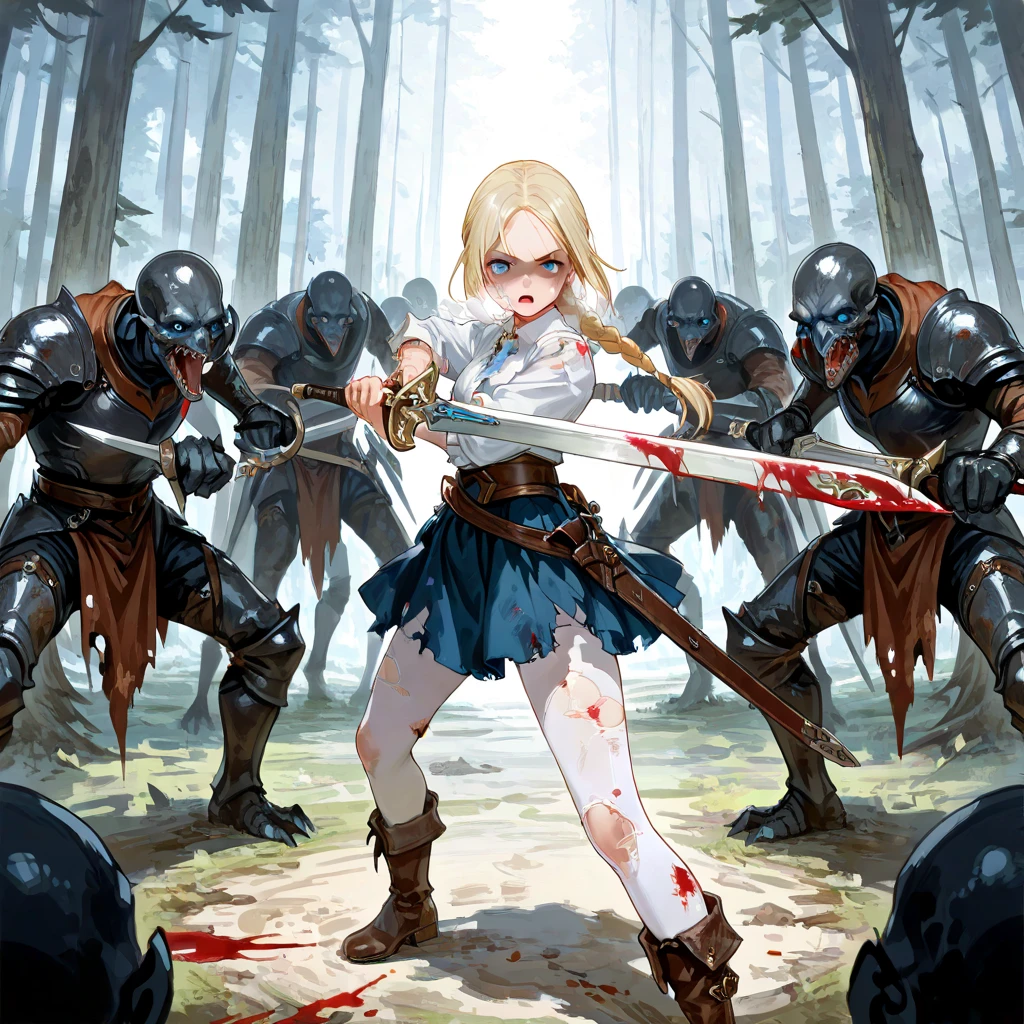 1girl, blonde hair, braided ponytail, forehead, long hair, blue eye ...