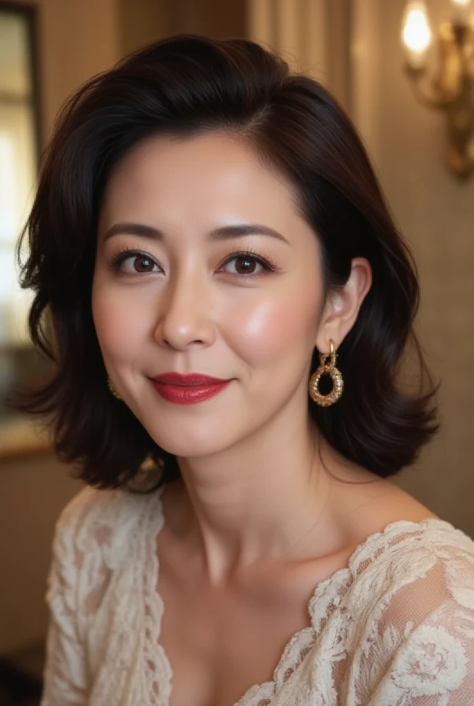 "48歳の魅力的な日本人女性の三分の一ビューのポートレート, ハリウッドスター風ボリュームカール, バラをテーマにした派手なメイクアップ ...