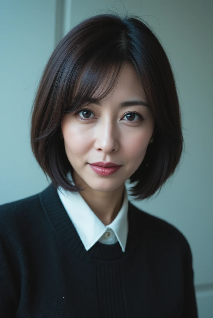 Low-angle close-up portrait of a 48-year-old Japanese woman, sleek ...