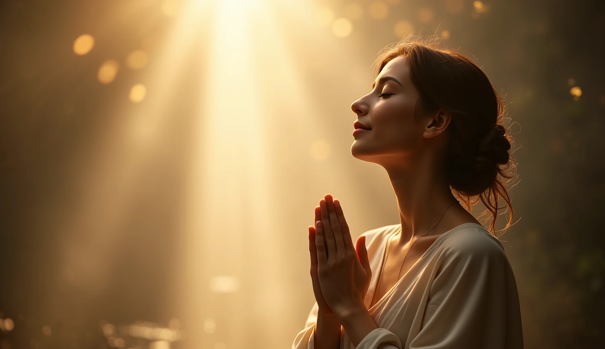Woman in white robe praying in a forest with sun shining through trees ...
