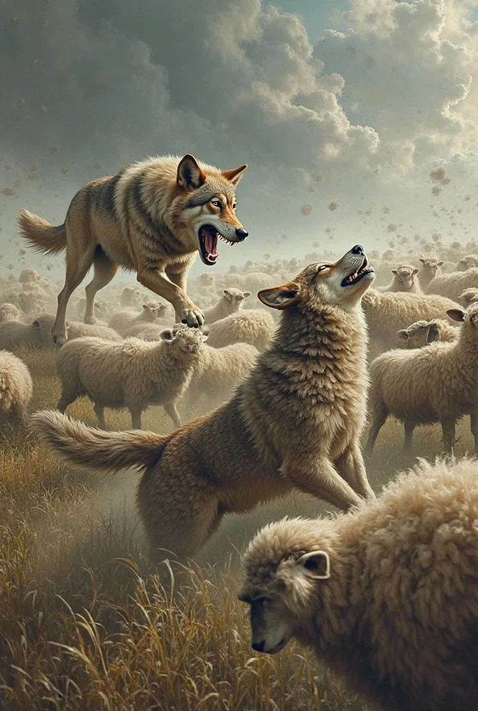 The Attack Begins** The wolf starts sprinting toward the flock - SeaArt AI