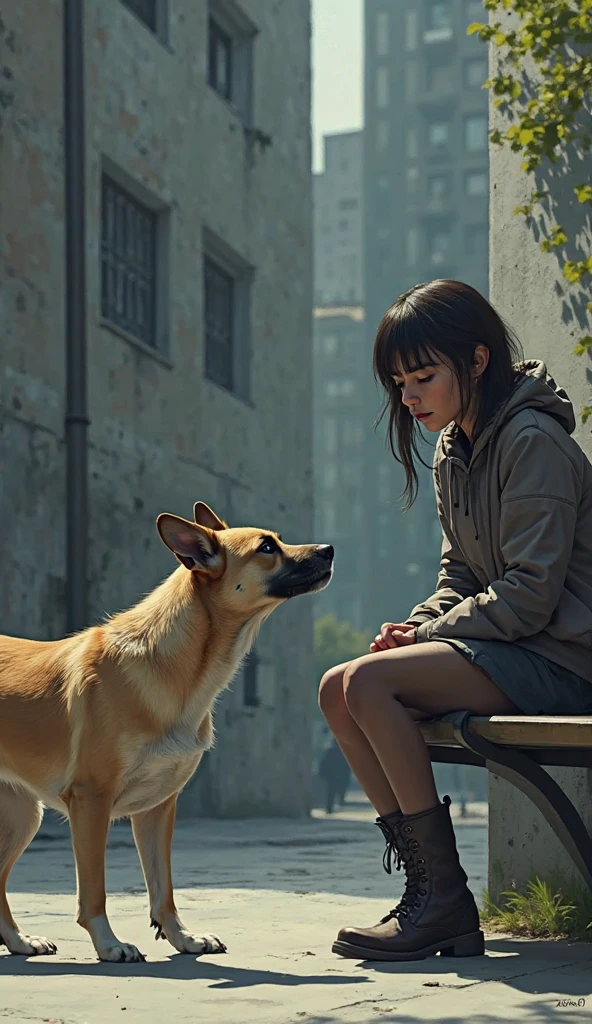 The stray approaches a woman sitting on a bench. The woman flinches and ...