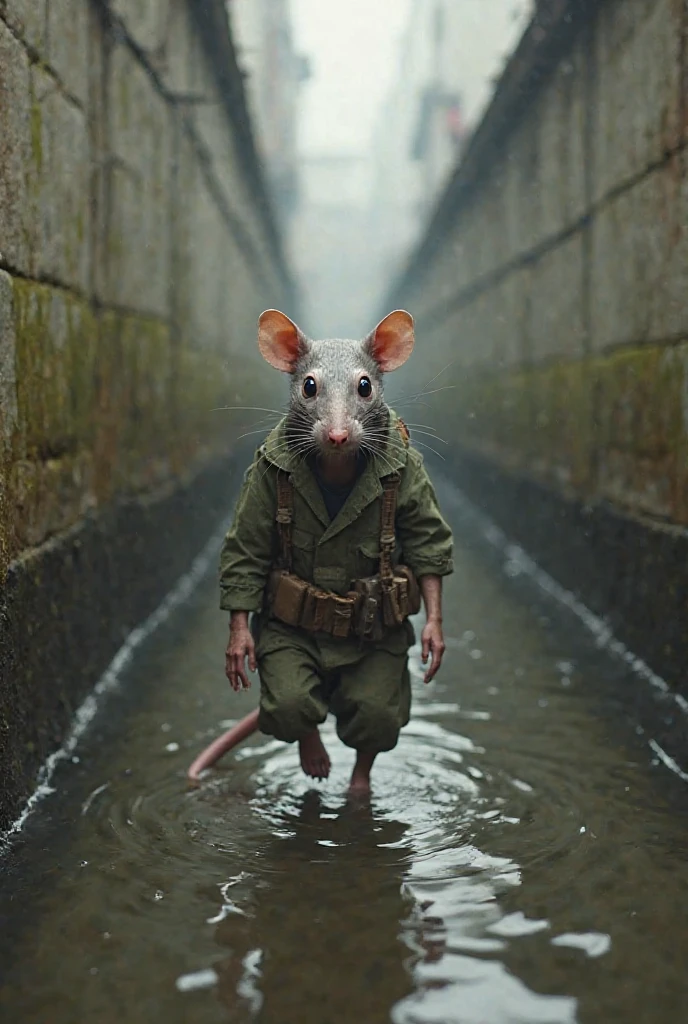 Skinny bald rat in canals with military clothes - SeaArt AI