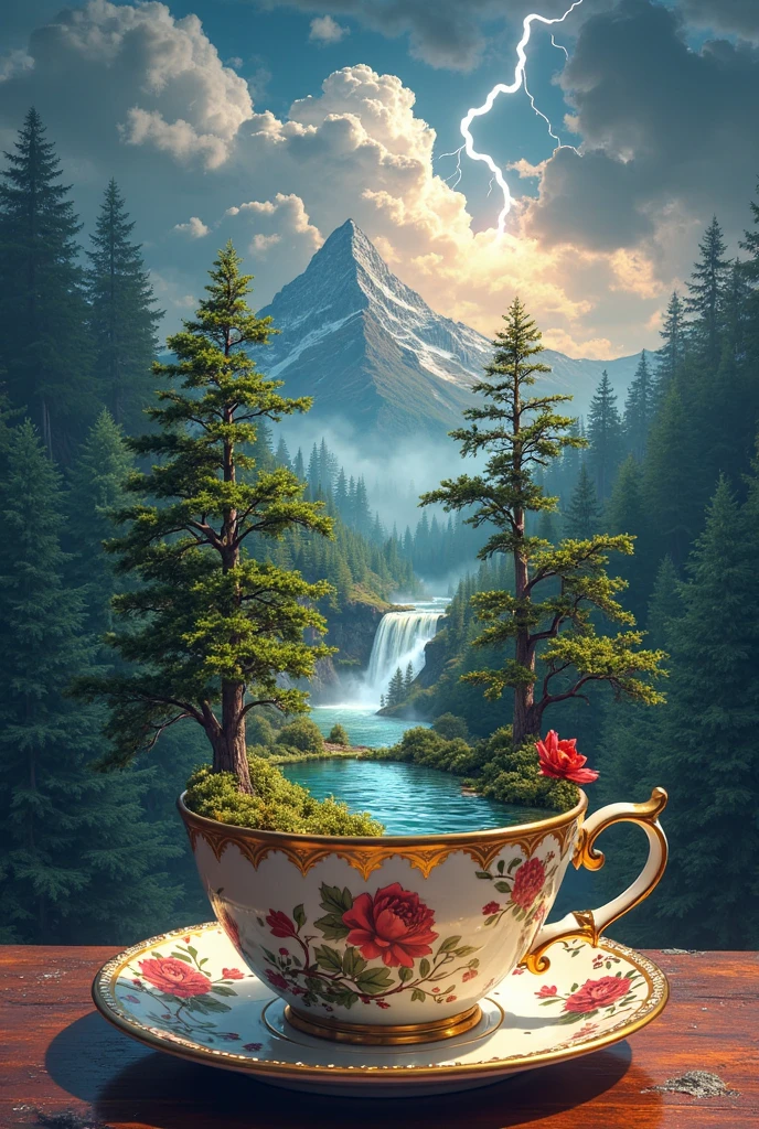 "Create a surreal scene with a beautifully ornamented cup and saucer ...