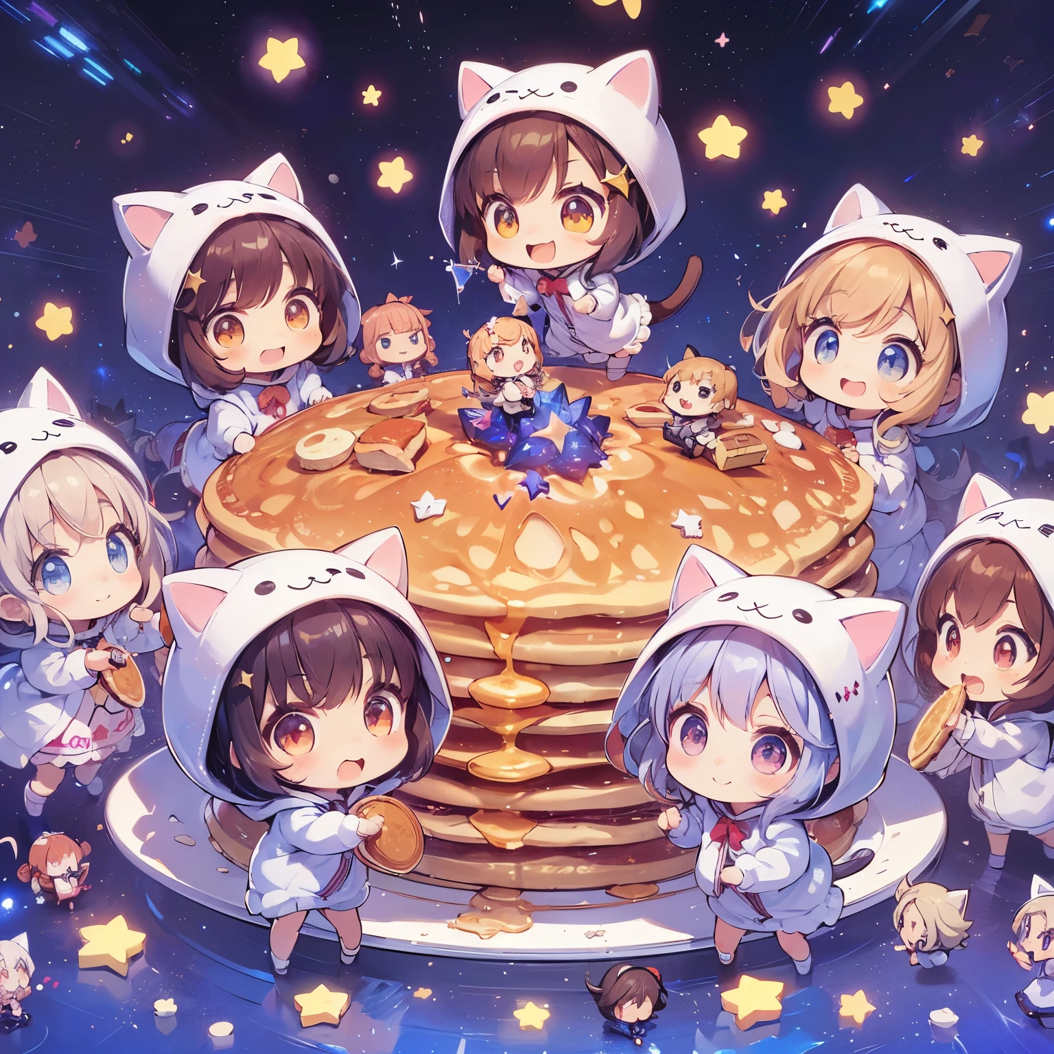 Anime characters are gathered around a pancake with cats on top - SeaArt AI