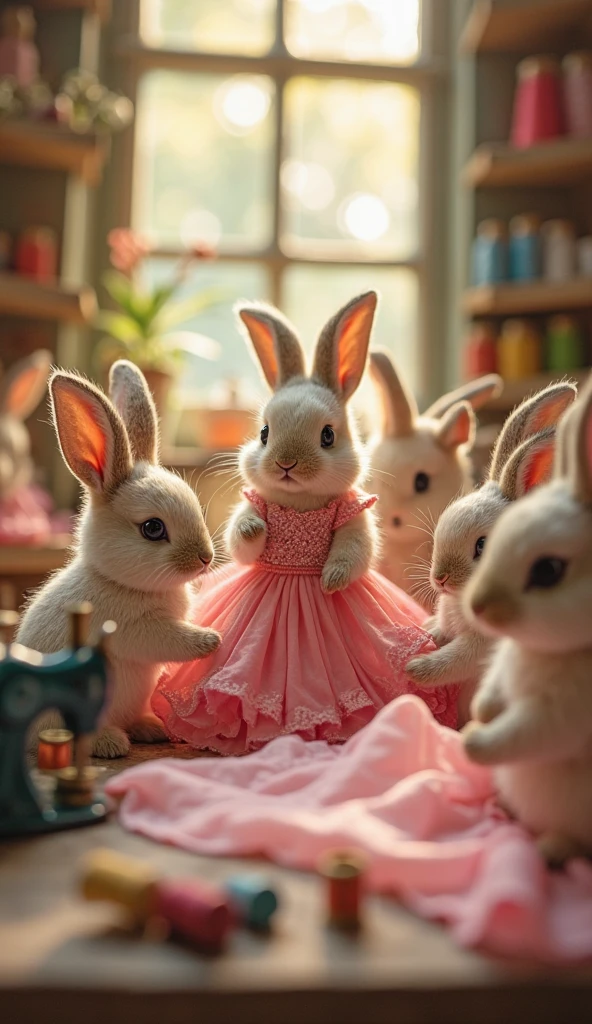 **Prompt:** "In a whimsical miniature textile factory, tiny rabbits ...