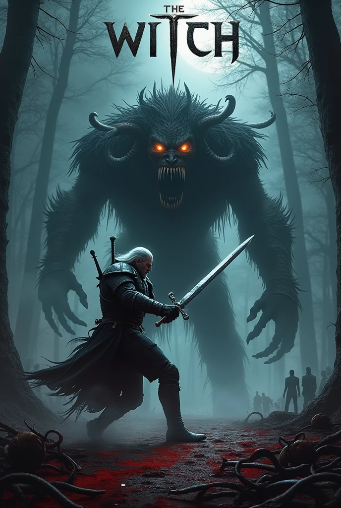 Create a dark and atmospheric movie poster for The Witcher. The central ...