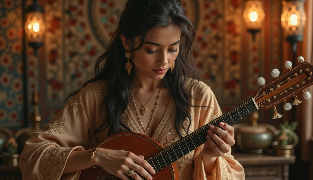 Create a cinematic video of a female Middle Eastern musician in a ...