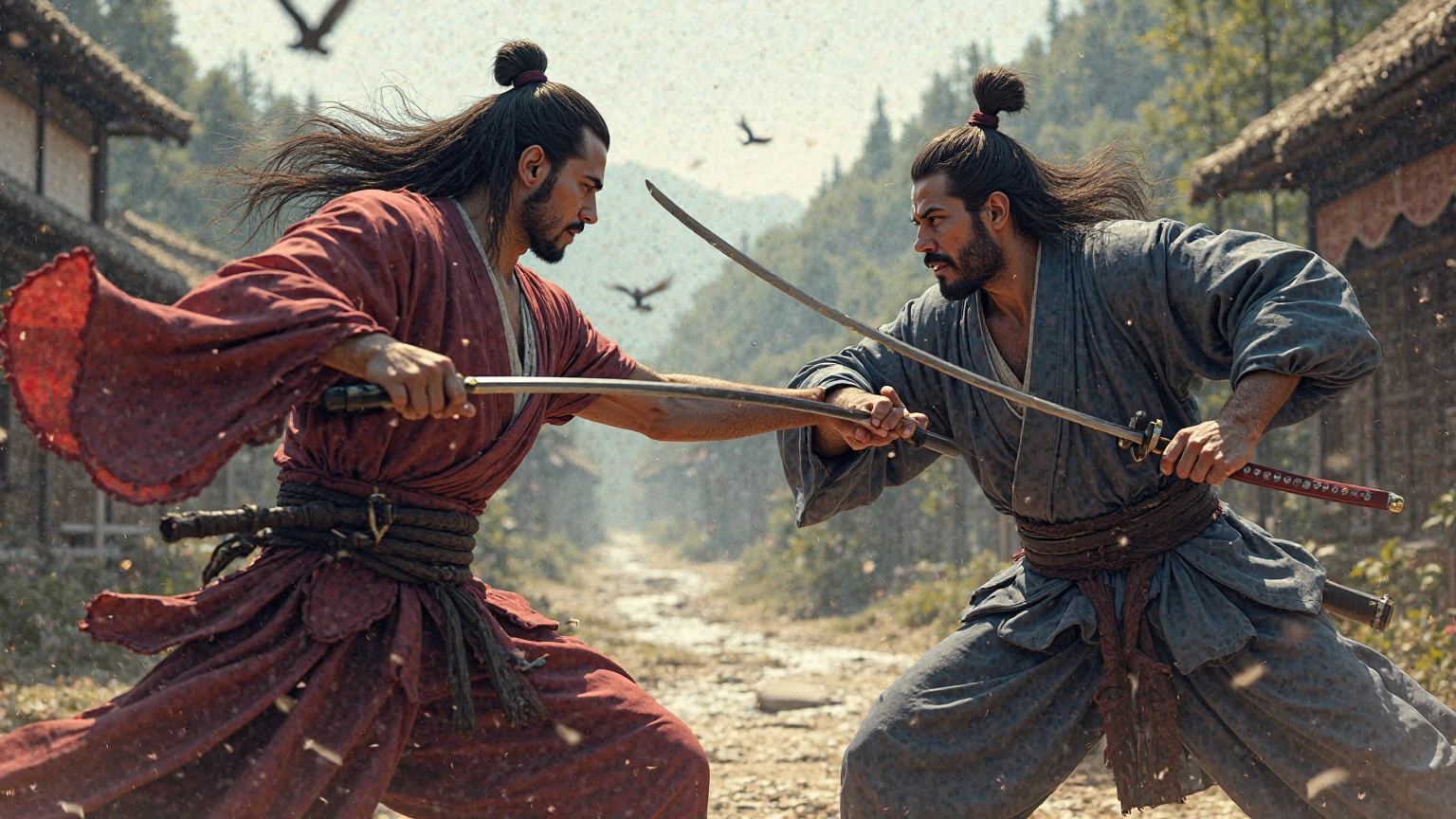Realistic photo, Miyamoto Musashi fights with a sword with another ...