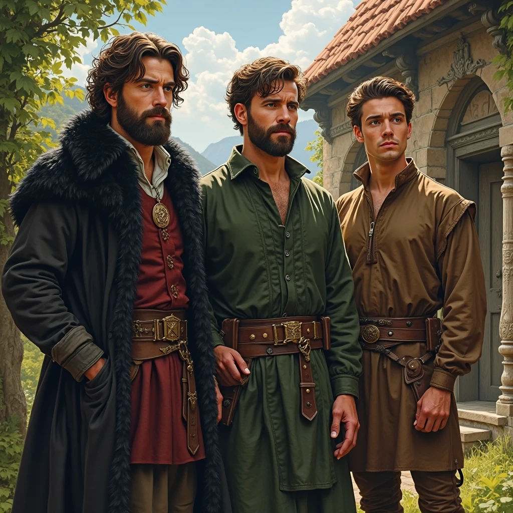 Three brothers standing side by side on the veranda of a small - SeaArt AI