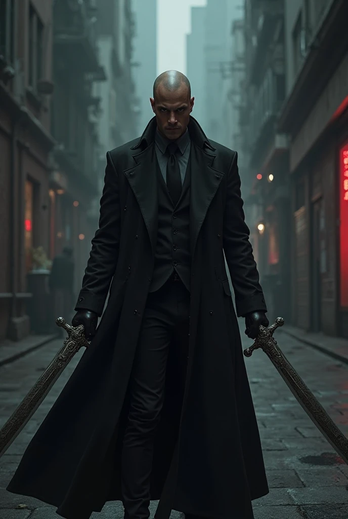 Bald assassin in black suit wearing two swords - SeaArt AI