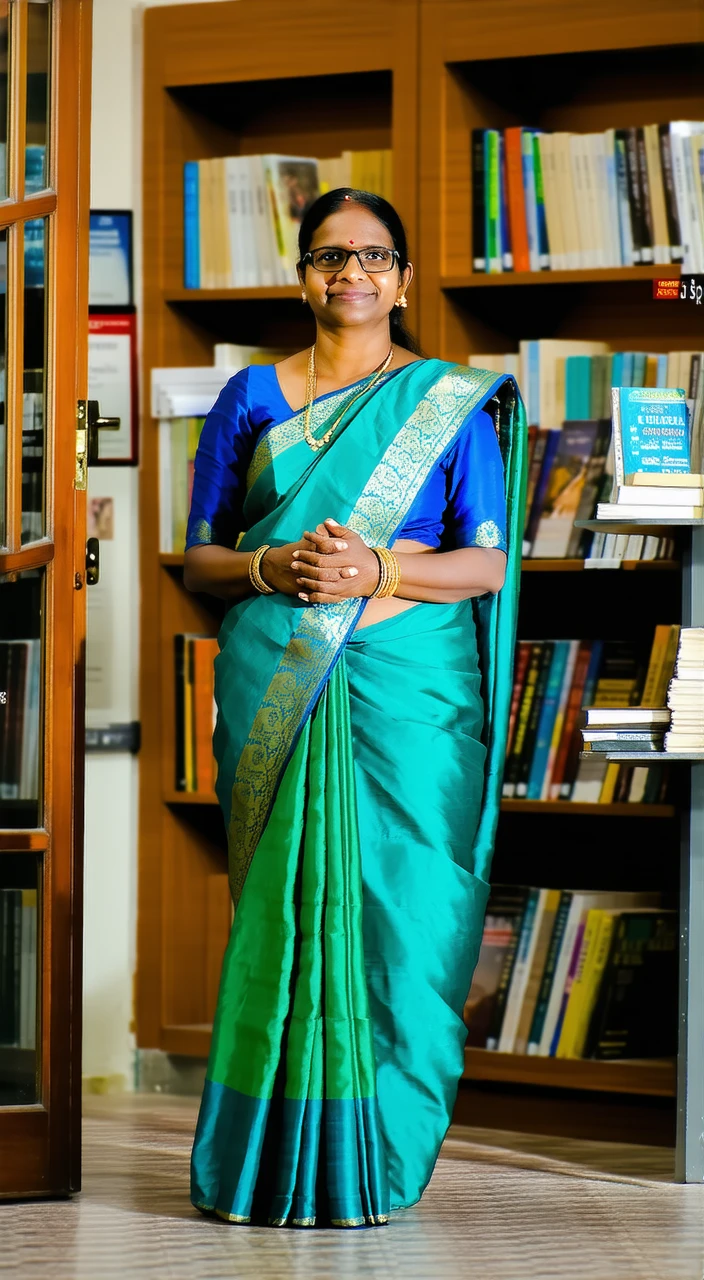 Inside of a library a 45 age years old librarian officer women thin and ...