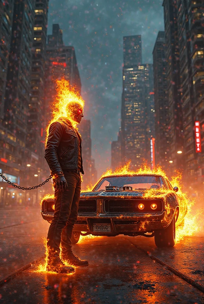 Create a dark, fiery, and intense scene where Ghost Rider stands face ...