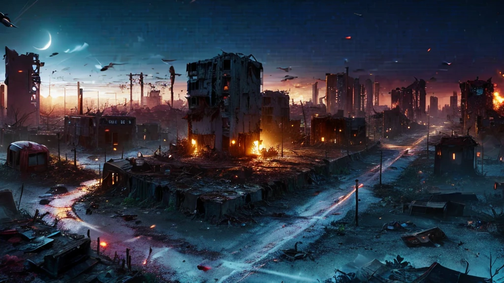 Anime style, a world devastated by a zombie apocalypse. Cities in ruins ...