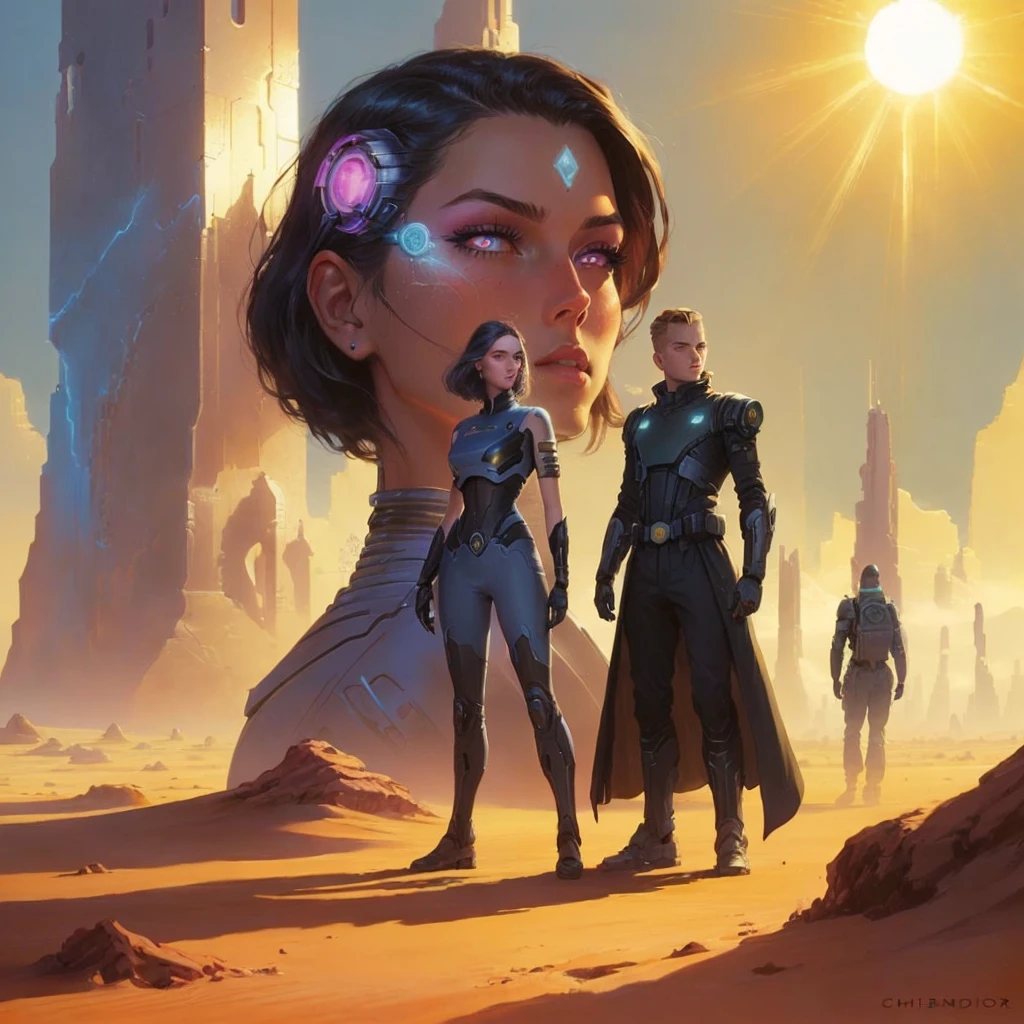 A couple of people standing in a desert with a sky background - SeaArt AI