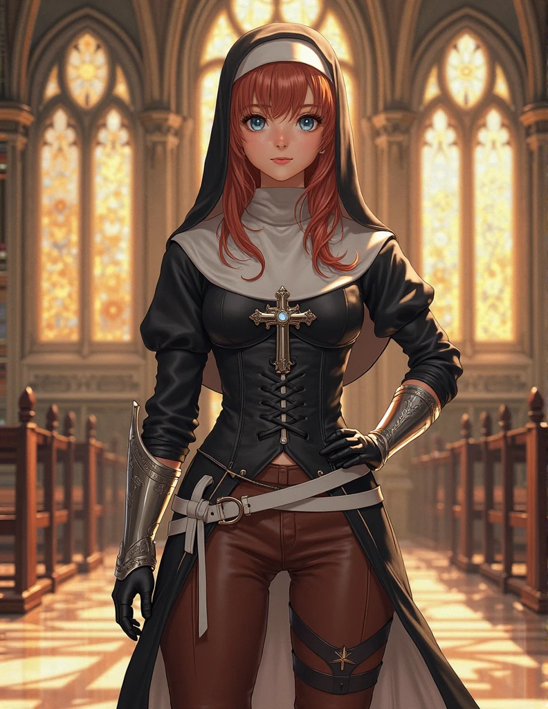 A young warrior dressed in an outfit inspired by a full-body battle nun ...