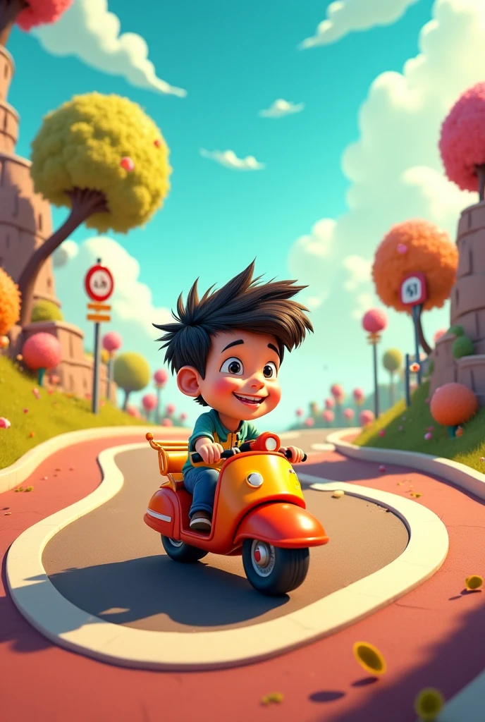 A boy who drives in a cartoon-style roundabout while smoking - SeaArt AI
