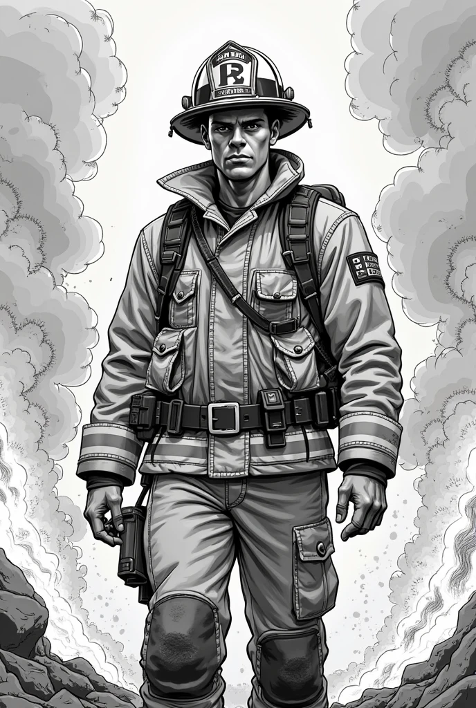 A drawing of a firefighter with super powers, without many muscles ...