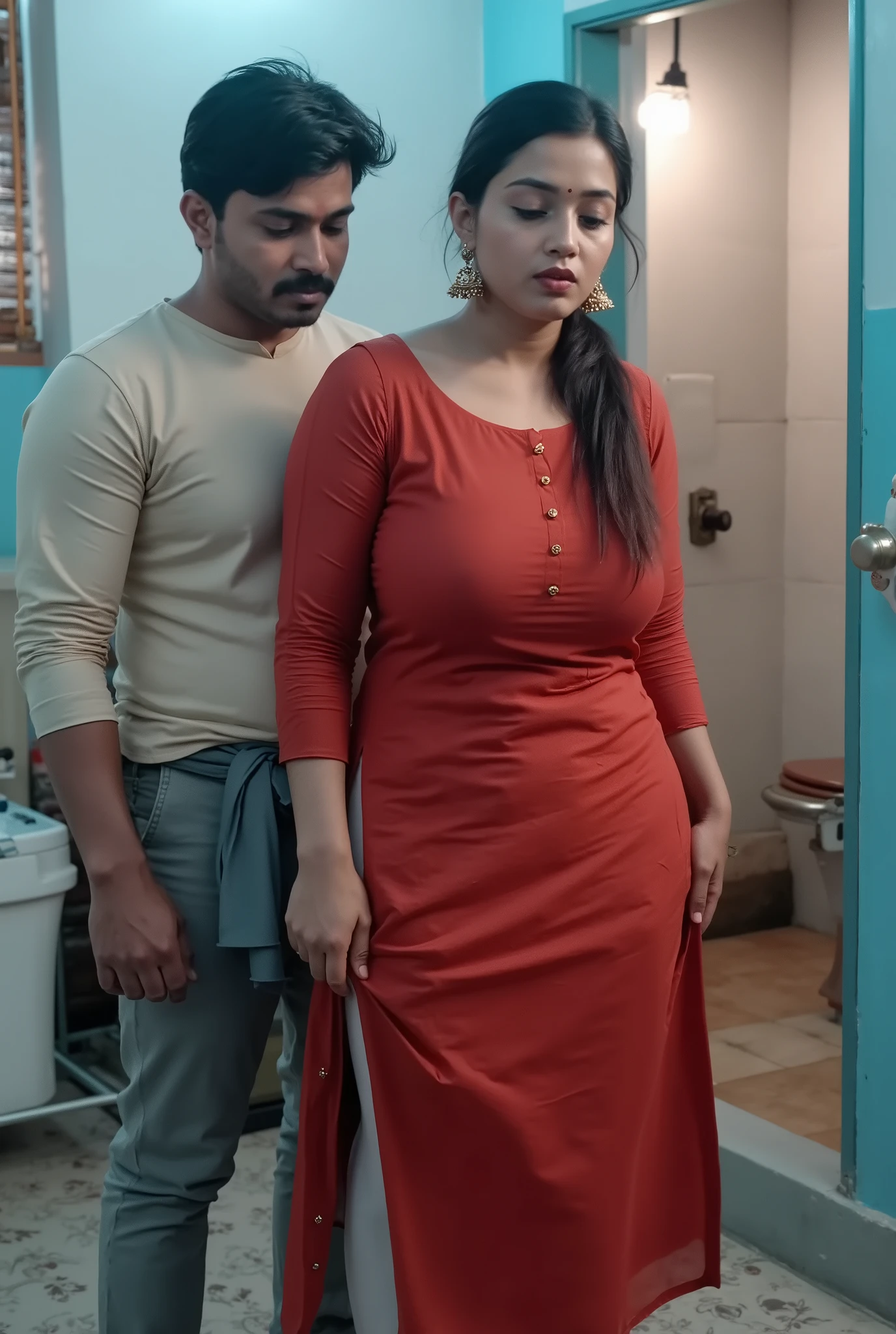There is a man and woman standing in a bathroom together - SeaArt AI