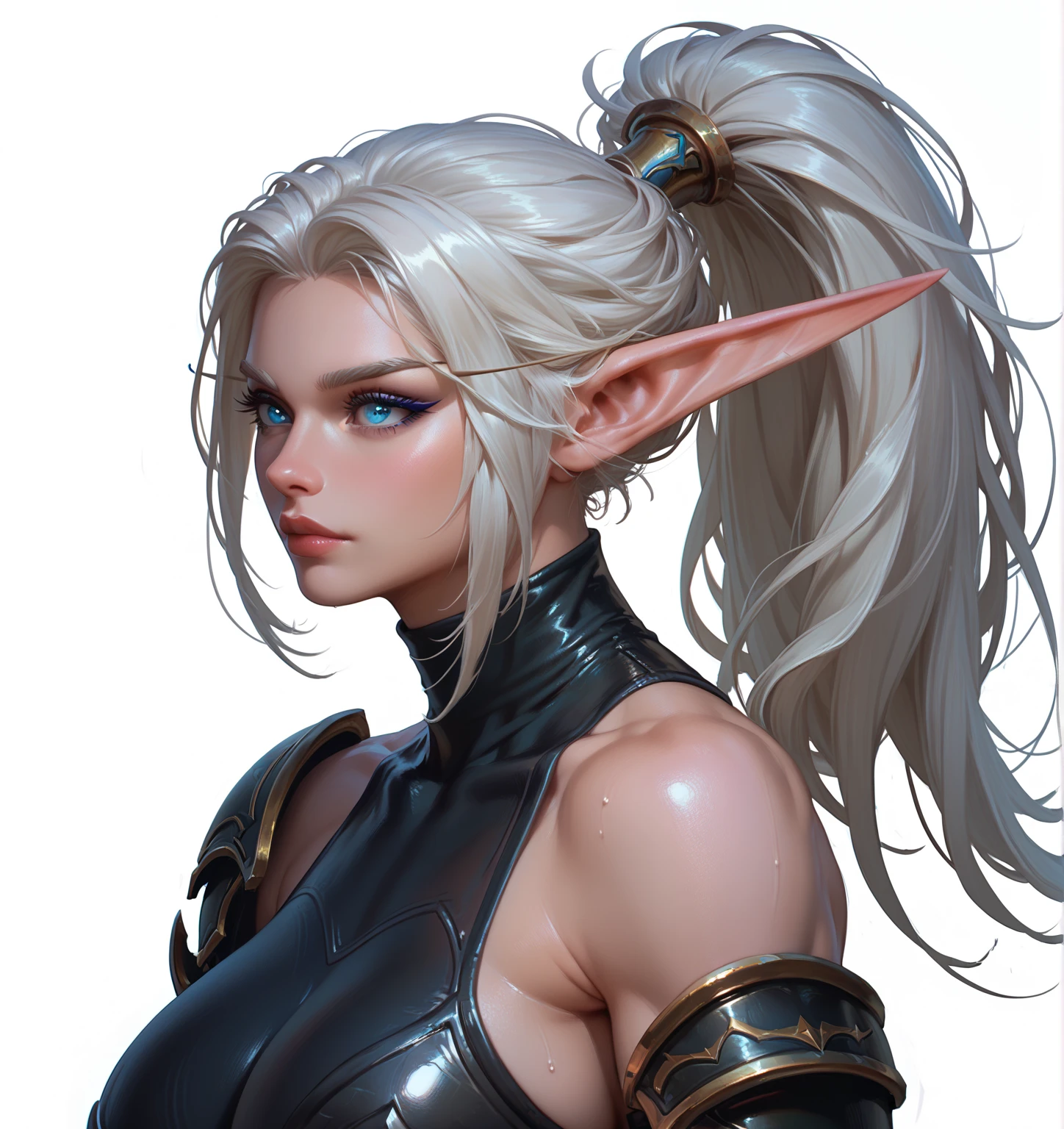1girl, Maievxl, night elf,, ponytail, white hair, blue eyes, portrait ...
