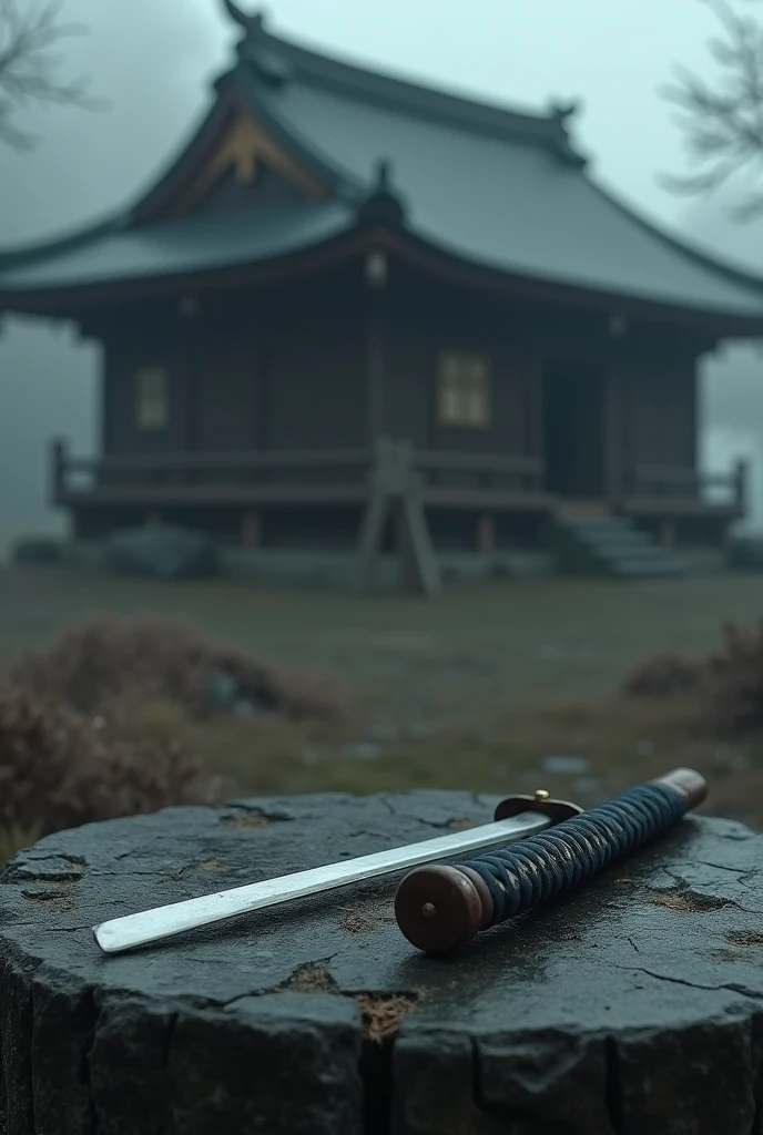 "Moody samurai setting, old wooden temple background, foggy atmosphere ...