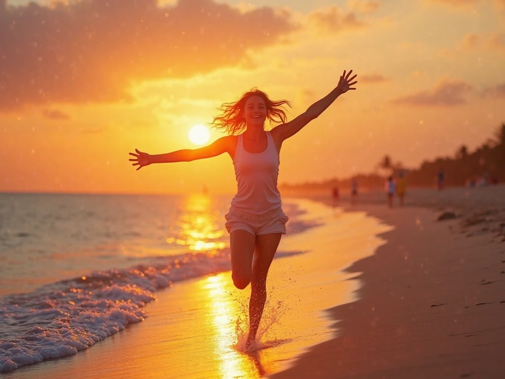 Create a hyper-realistic image of a running toward a sunset on a ...