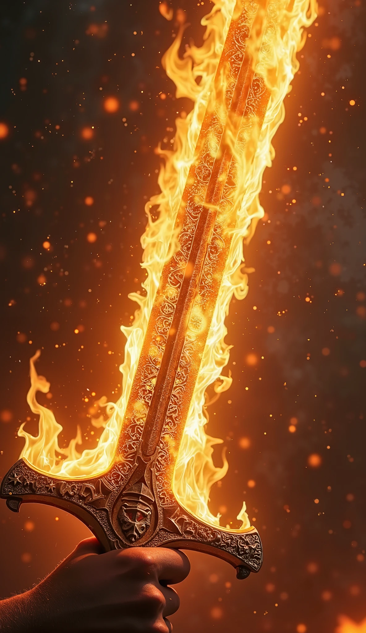 There is a person holding a sword with flames on it - SeaArt AI