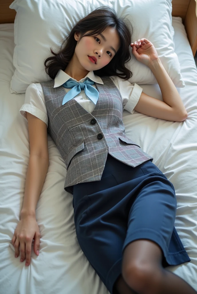 A beautiful young Japanese woman full body in perspective. She is lying ...