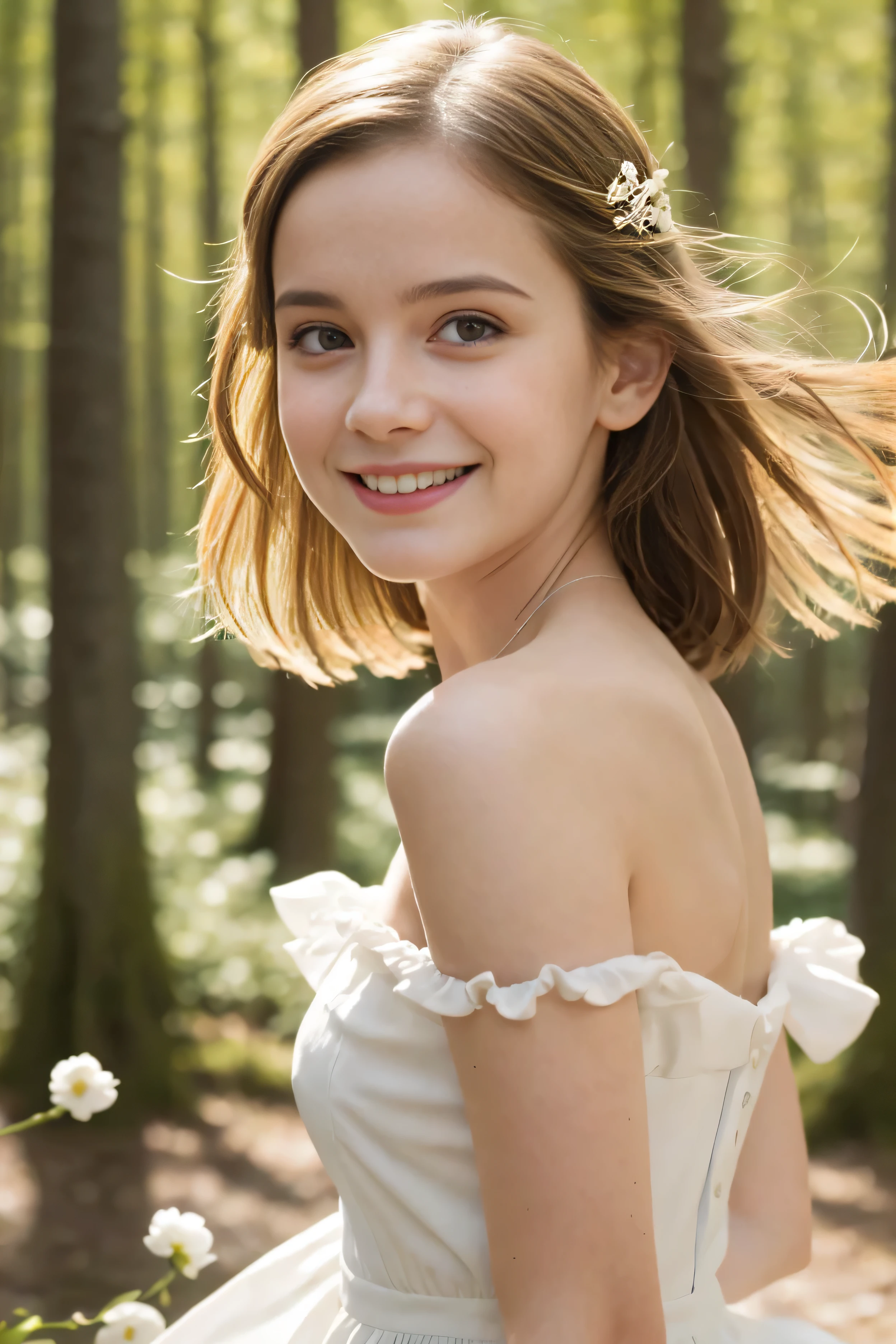 A close up of a woman in a white dress in a forest - SeaArt AI
