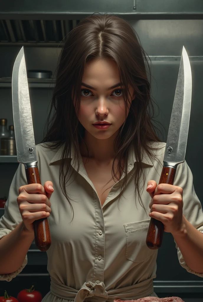 Realistic brunette girl using meat carving knives - SeaArt AI