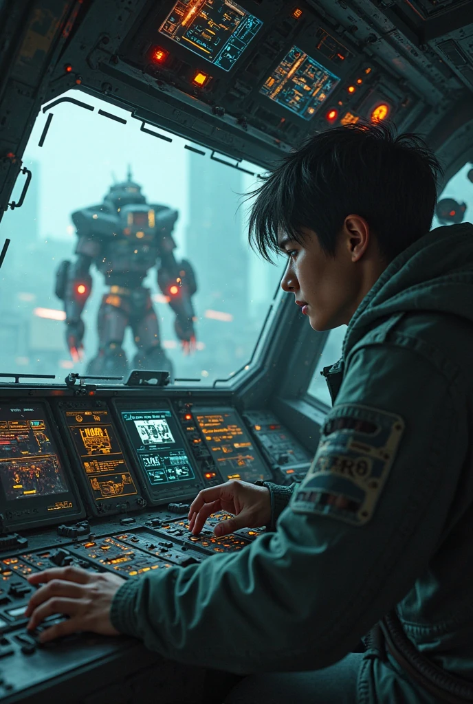Mobile suit cockpit interior, pilot gripping controls, enemy mobile ...