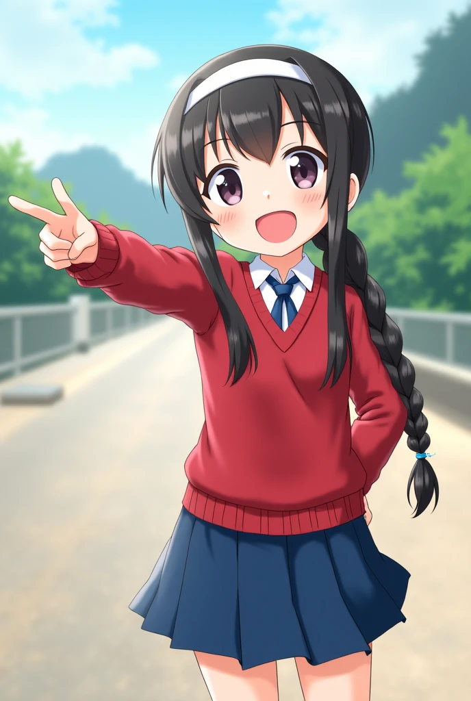 girl in uniform, chompa roja, blue skirt, with braid and white headband ...