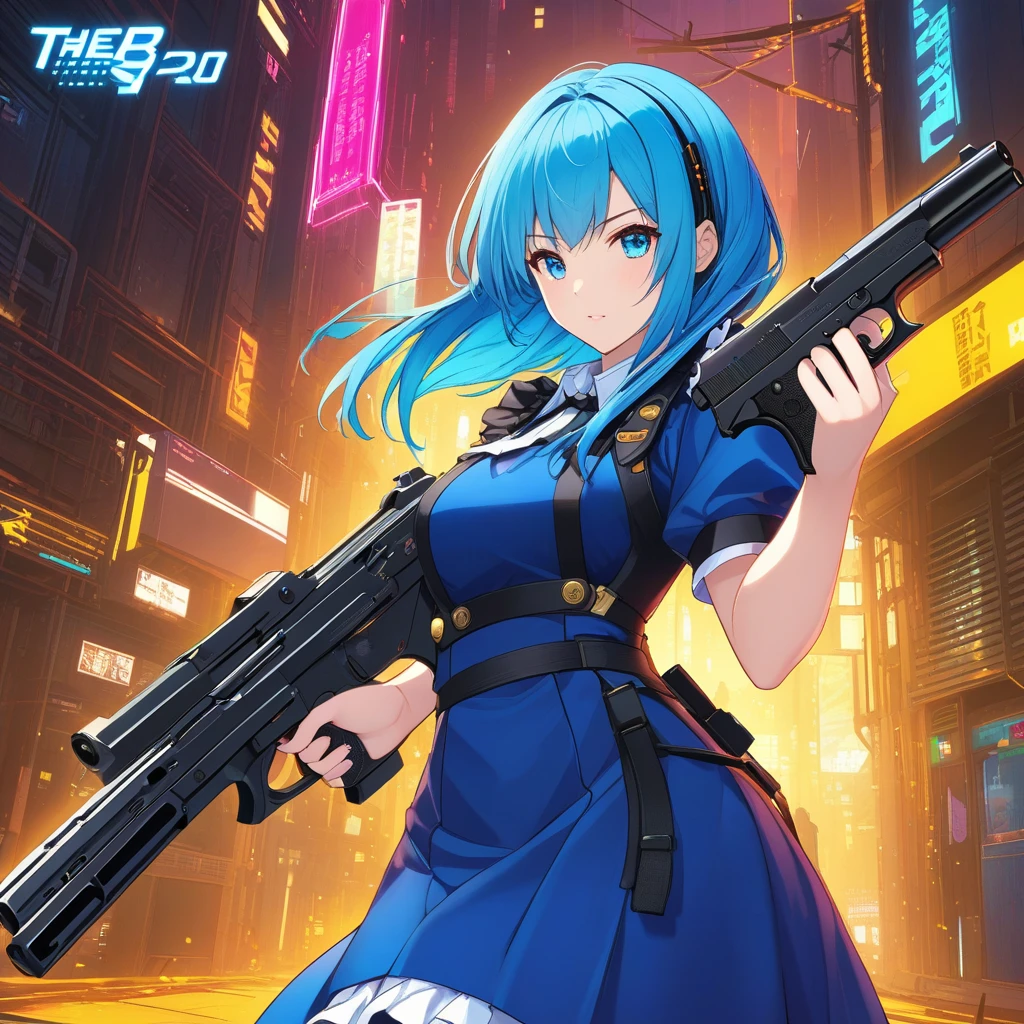 Maid Warrior 。blue uniform。blue eyes、Long Blue Hair、cyberpunk style ...