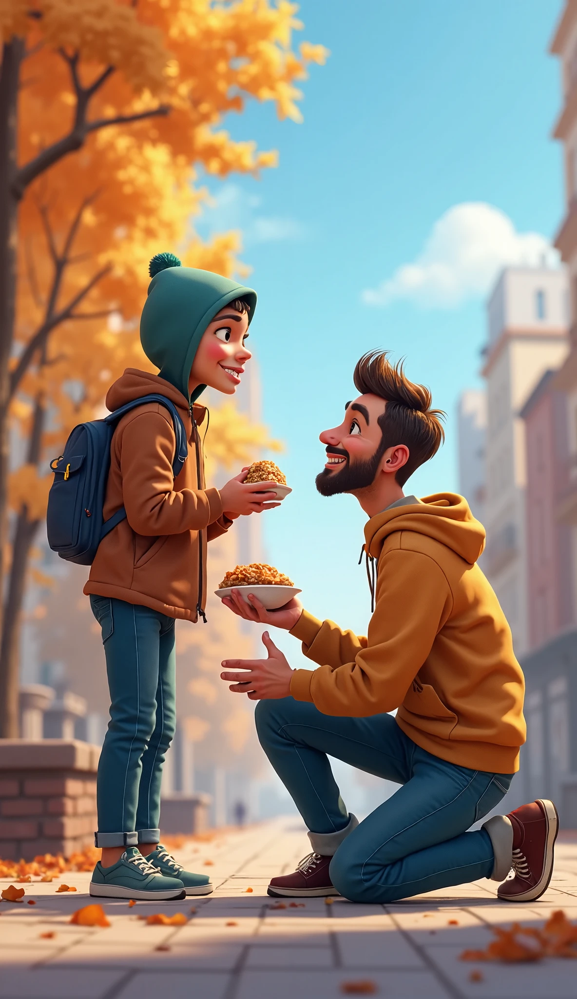 A man and a boy are eating a donut in the street - SeaArt AI